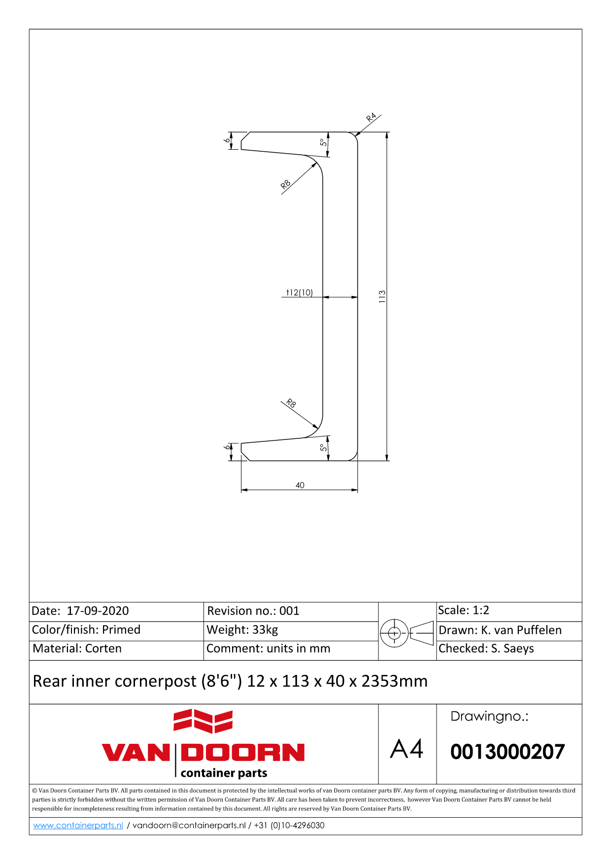 Rear Cornerpost Inner Standard 8'6" 12x113x40x2353 mm • Van Doorn ...