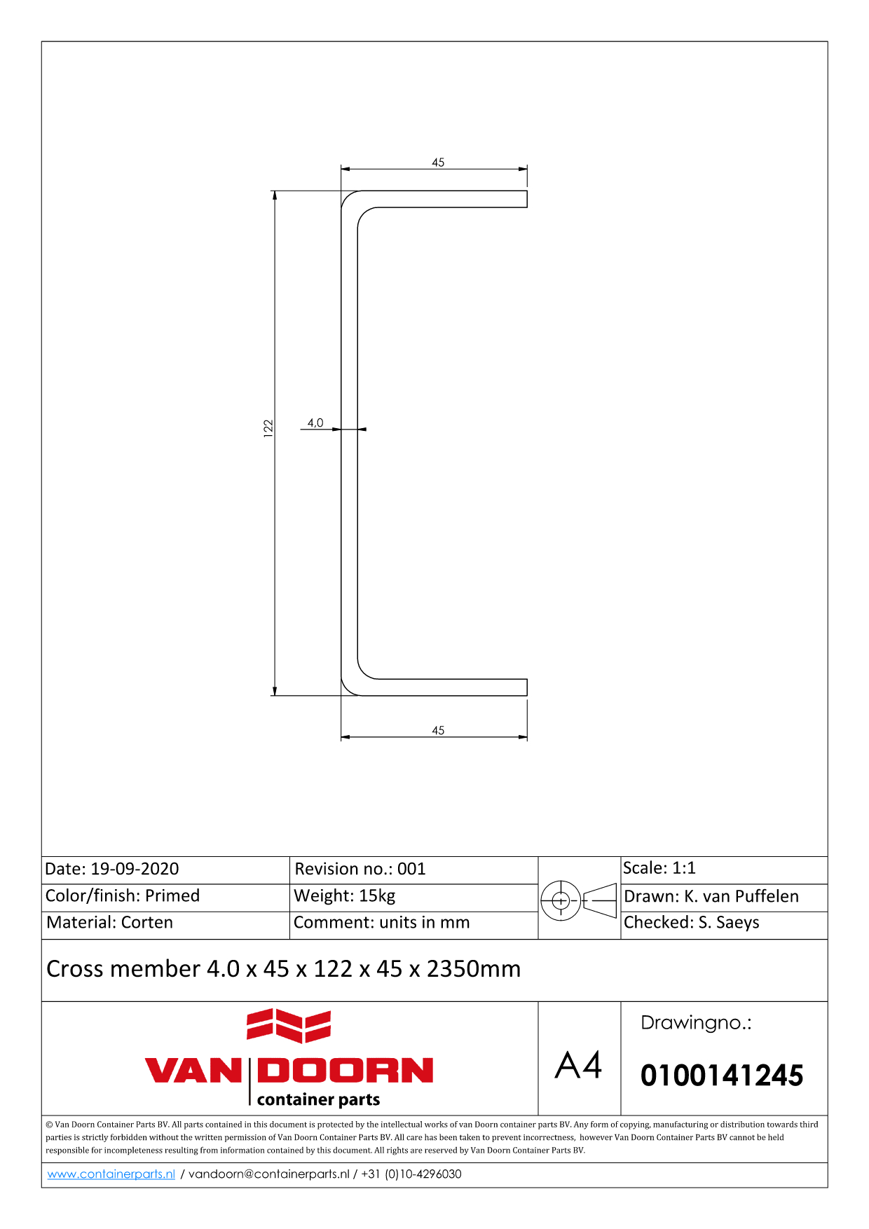 Crossmember Standard Equal 4x45x122x45x2350 mm • Van Doorn Containerparts