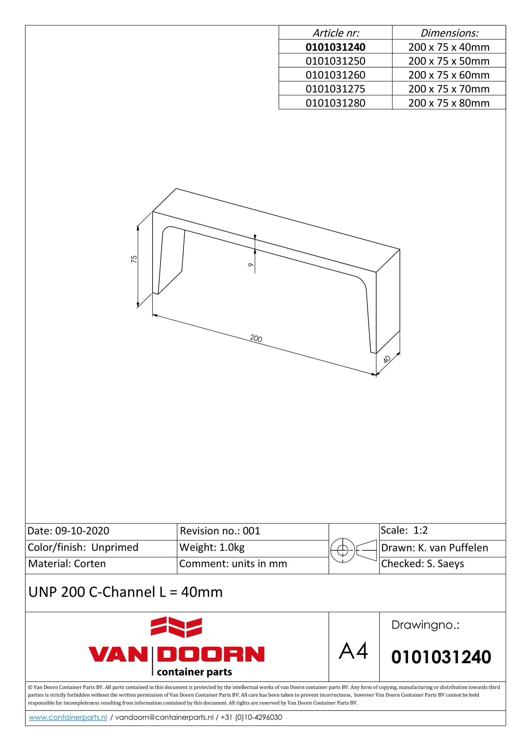 UNP 200 C-Channel L=40 mm • Van Doorn Containerparts