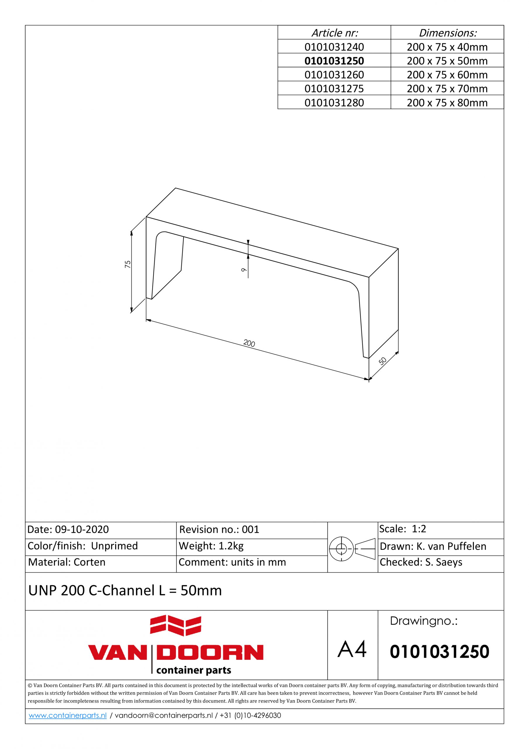 UNP 200 C-Channel L=50 mm • Van Doorn Containerparts