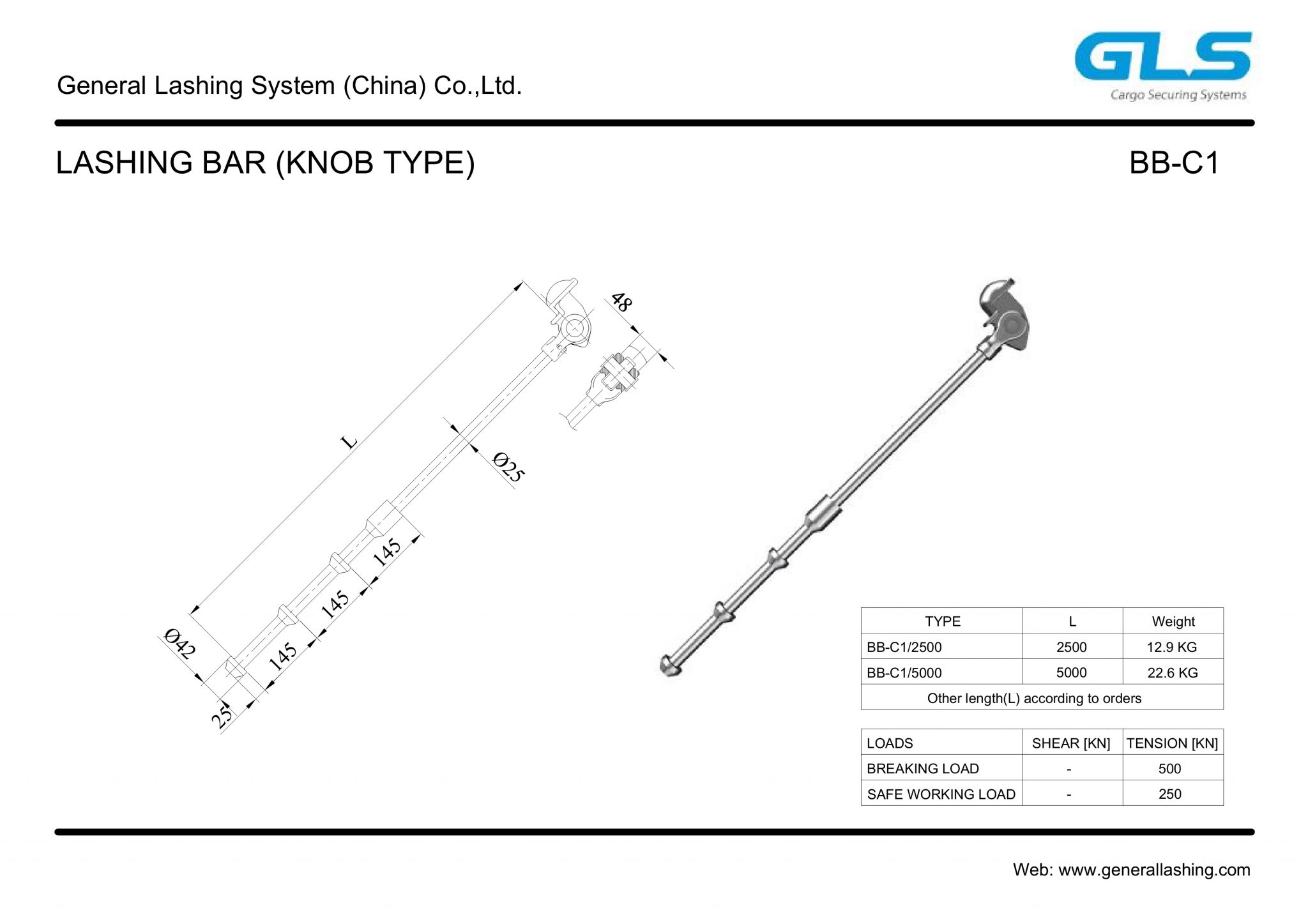BB-C1/2400 Lashing Bar Short - Eye / Knob L=2400 mm