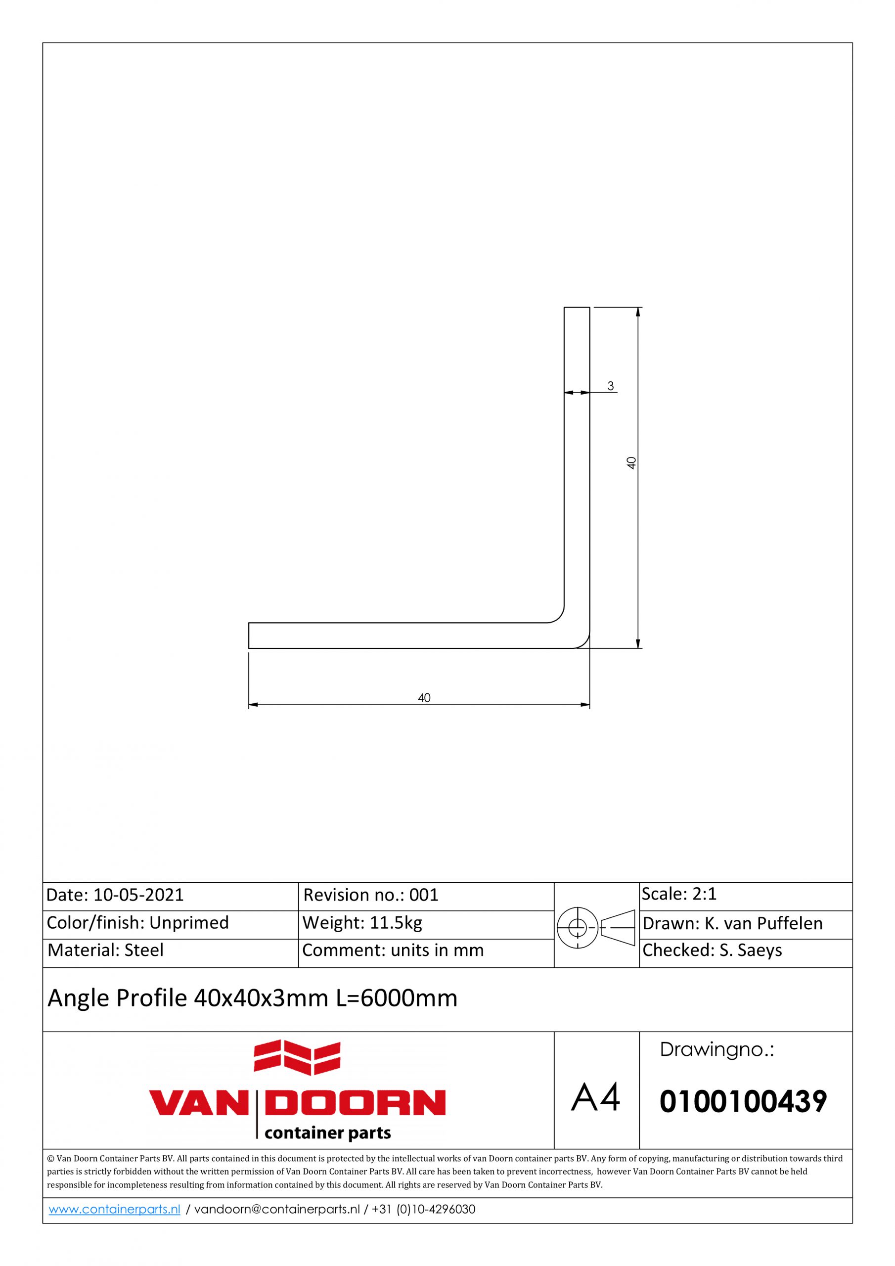 Angle profile / hoekprofiel 40x40x3mm L=6000mm • Van Doorn Containerparts