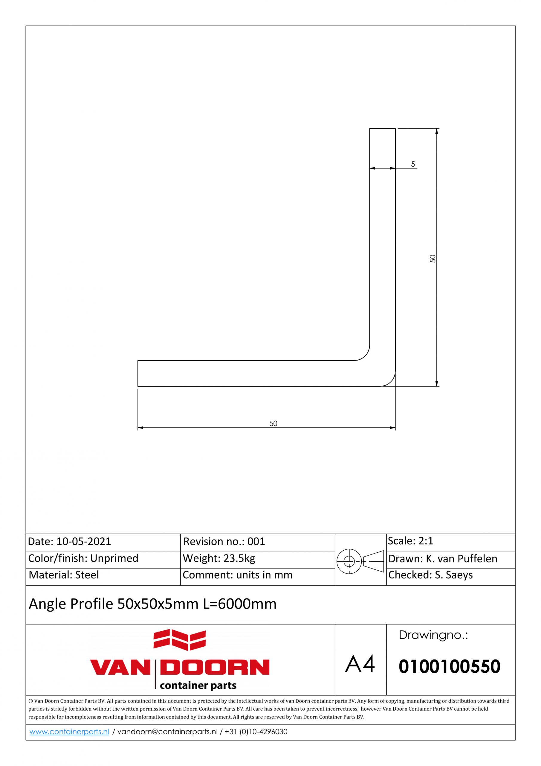 Angle profile / hoekprofiel 50x50x5mm L=6000mm • Van Doorn Containerparts