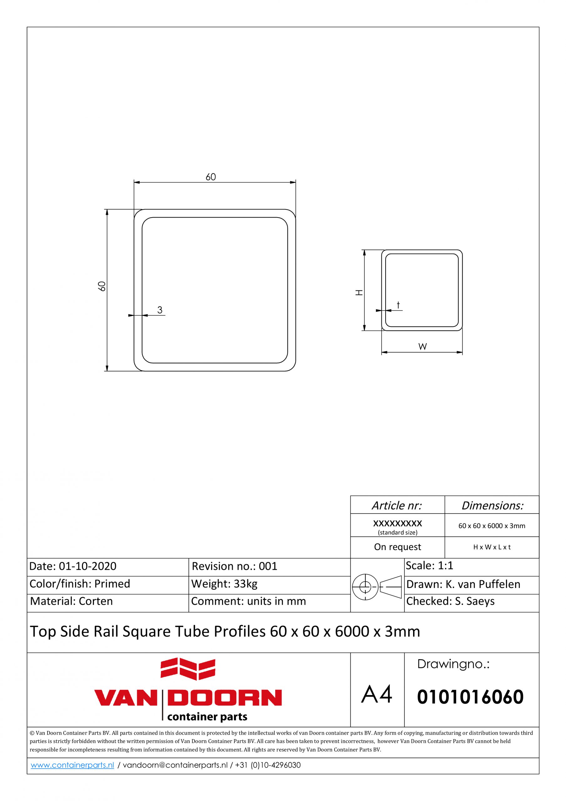 Top Side Rail Square Tube Profile 60x60x6000x3 mm • Van Doorn ...