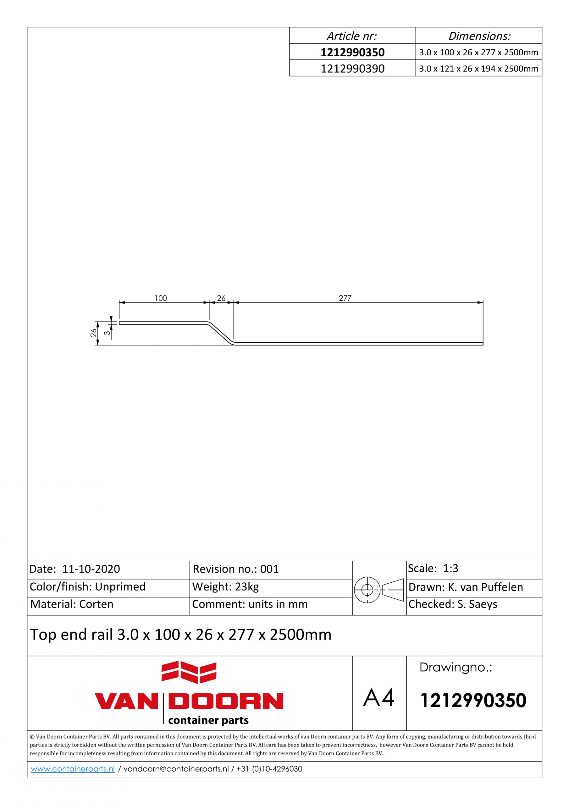 Top End Rail Standard 3.0x100x26x277x2500 mm