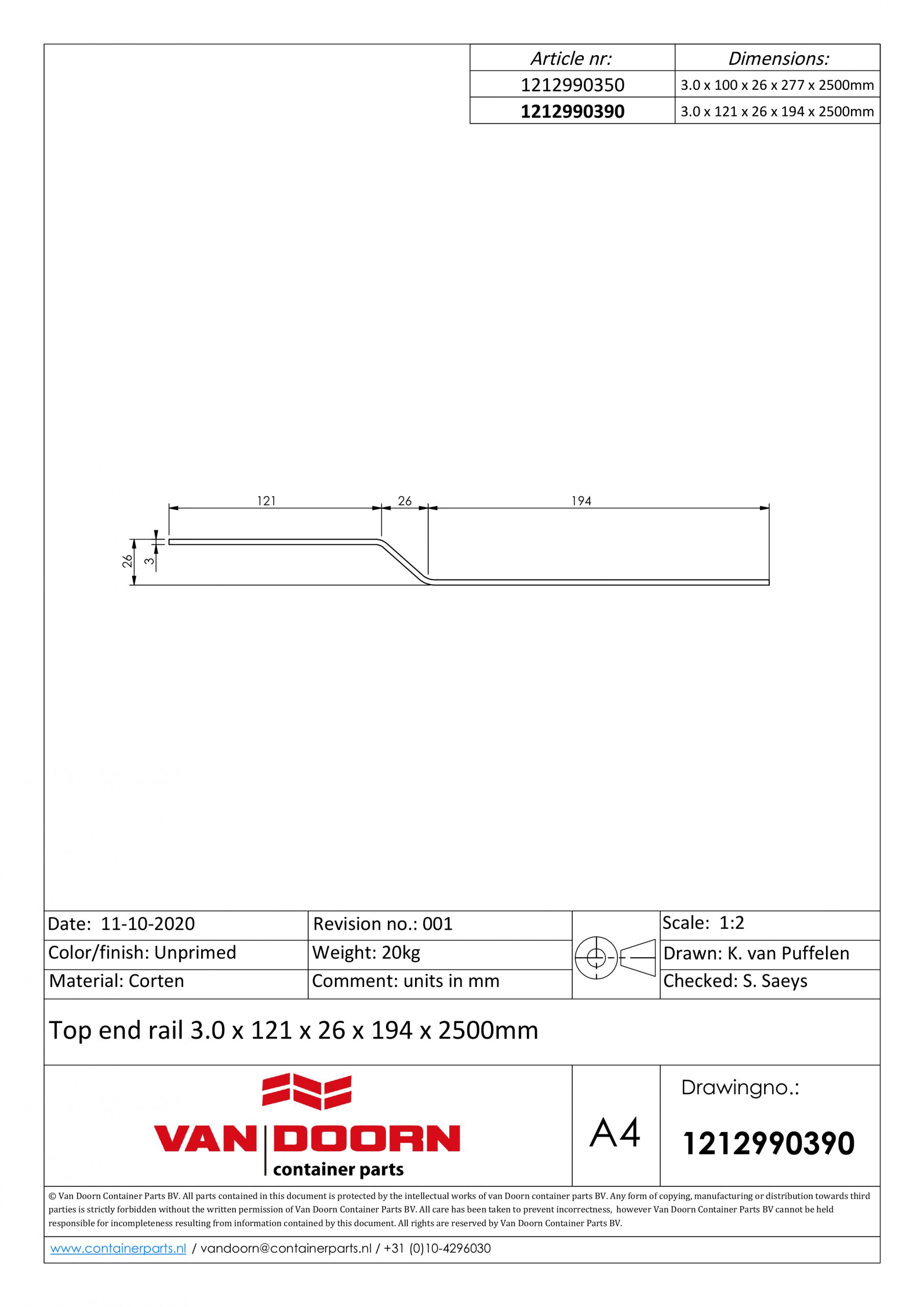 Top End Rail Standard 3.0x121x26x194x2500 mm